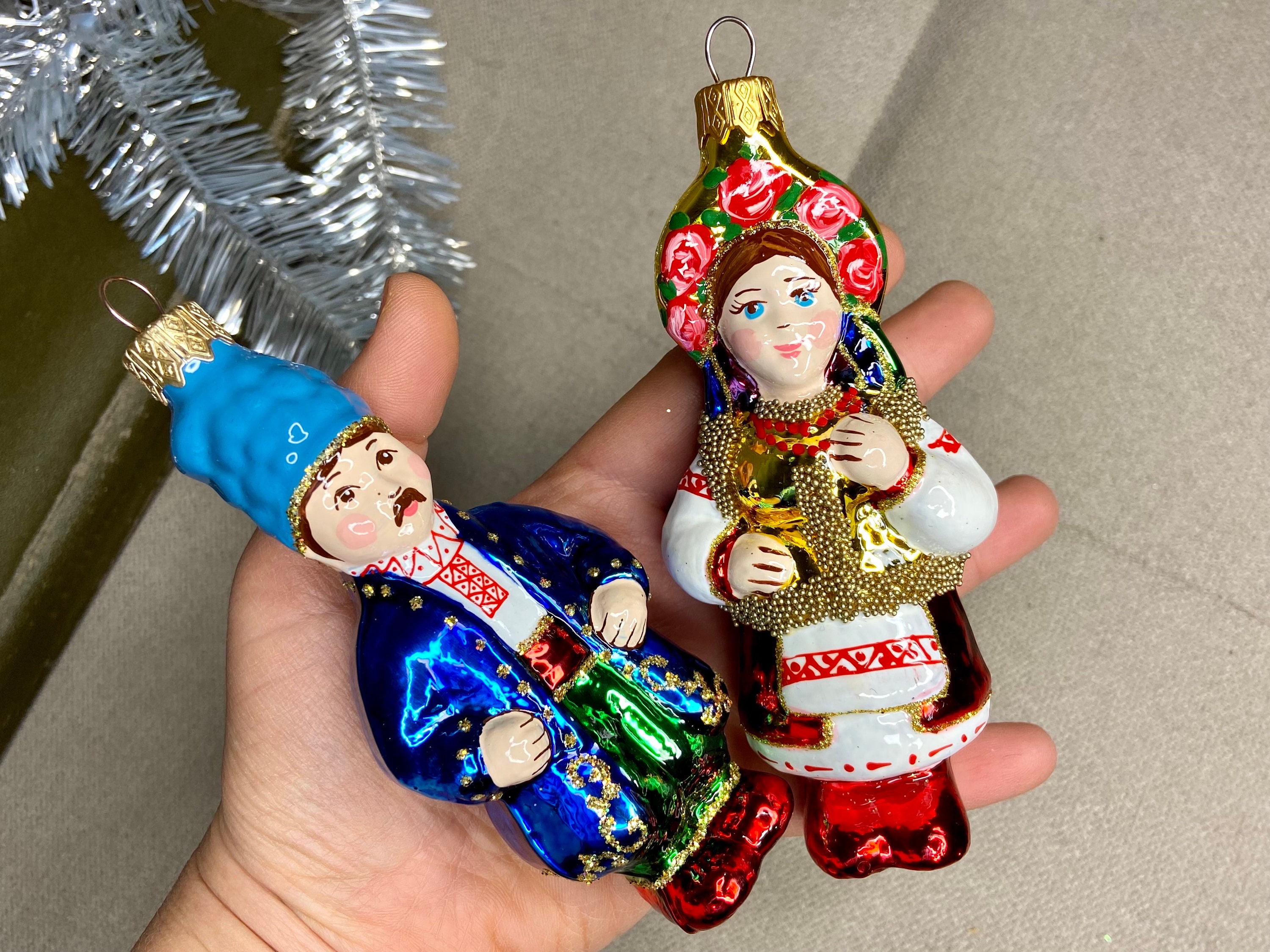 Cossack and Ukrainian Woman Glass Christmas Ornament, Kozak Hand ...