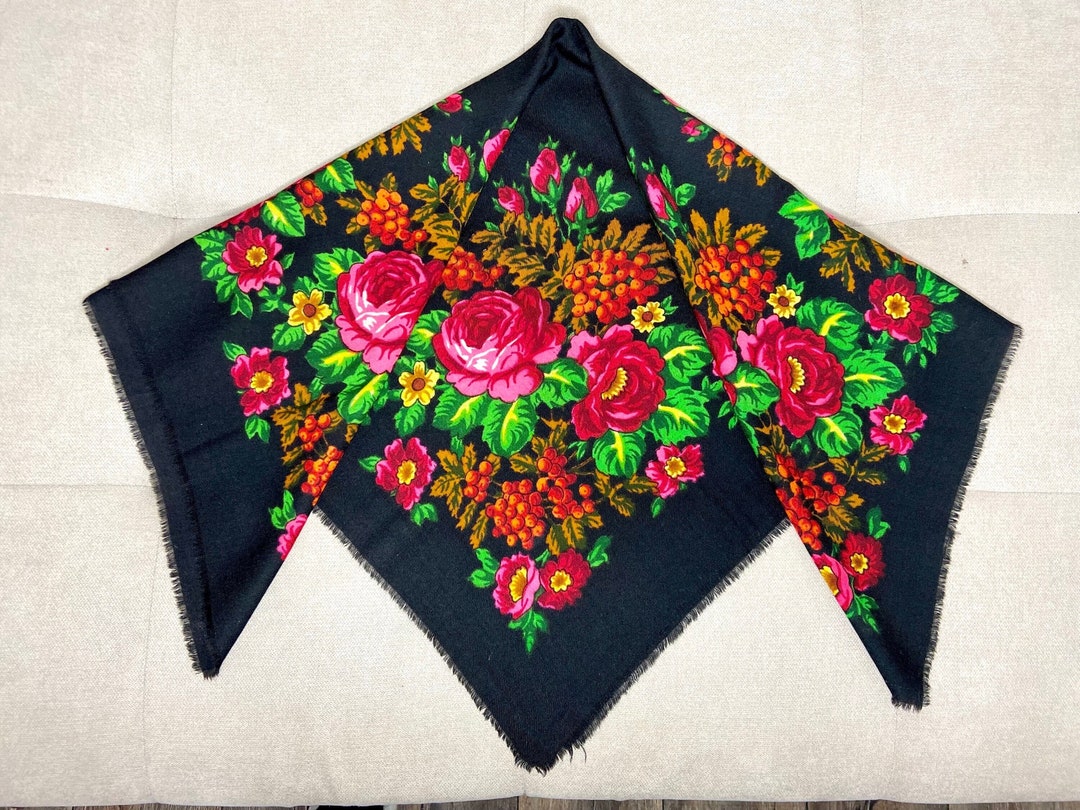 Romanian Vintage Wool Shawl, Ukrainian Square Black Women Headscarf ...