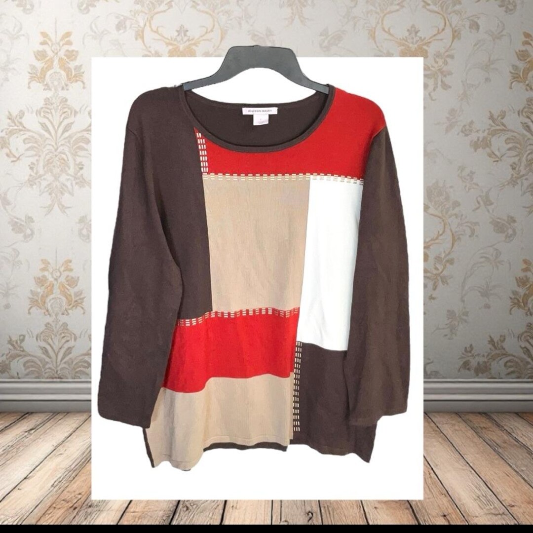 Allison Daley Vintage Multicolor Block 3D Gold Bar Rows Design Sweater ...