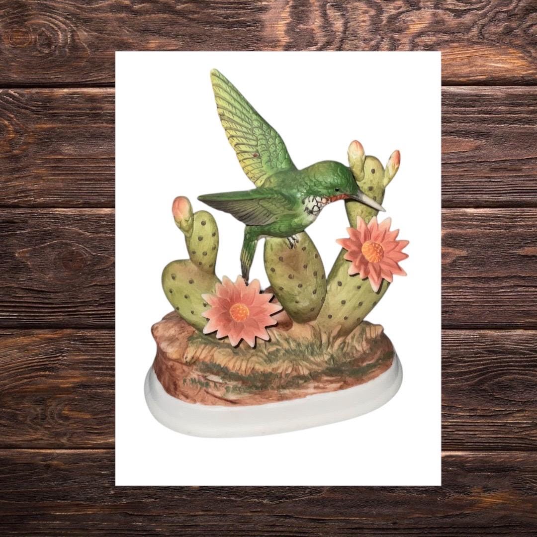 Andrea by Sadek Ruby-throated Hummingbird on Cactus W Pink Flowers Porcelain Figurine - Etsy