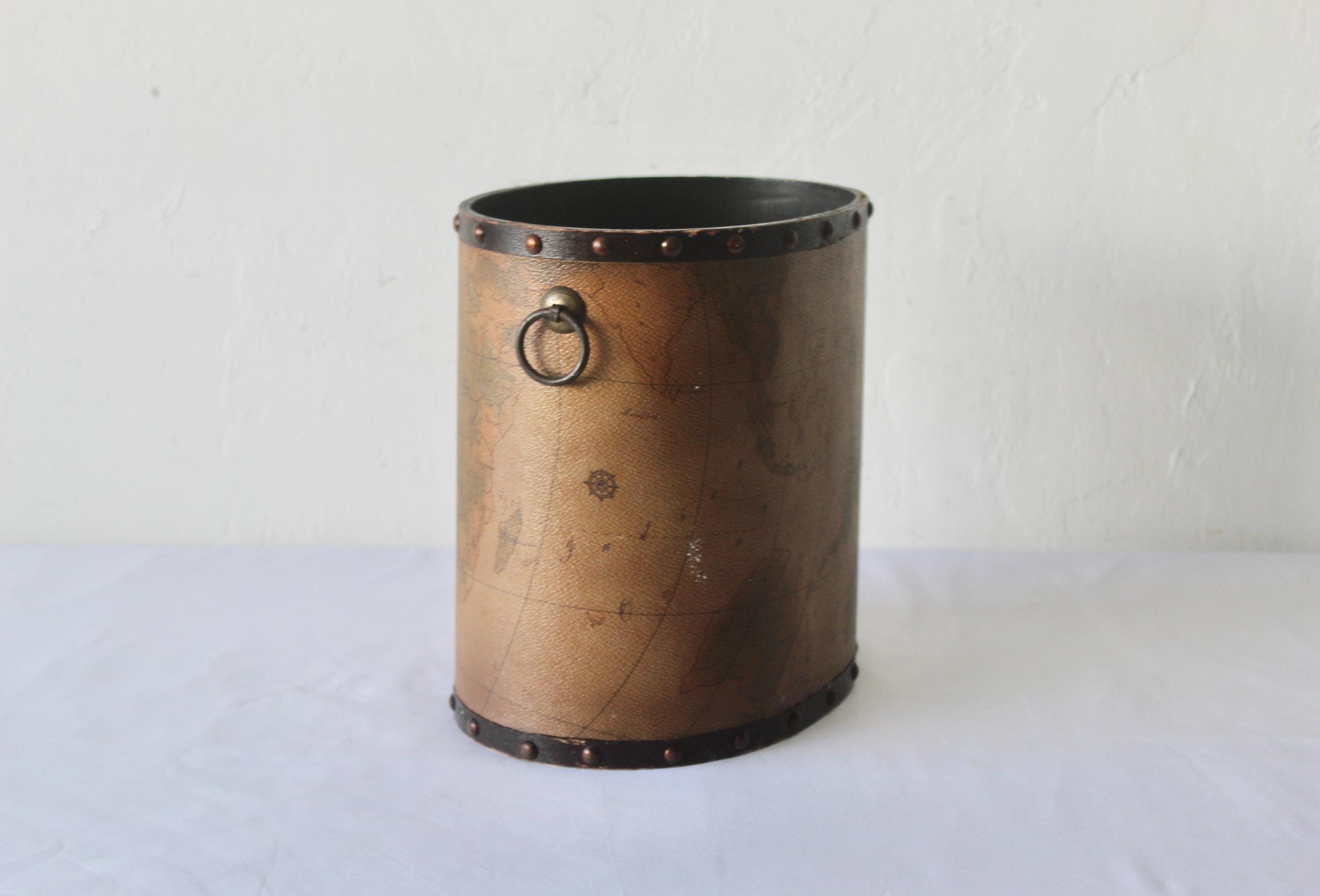 Vintage Faux Leather World Map Nailhead Oval Wastebasket Hoop Handles ...