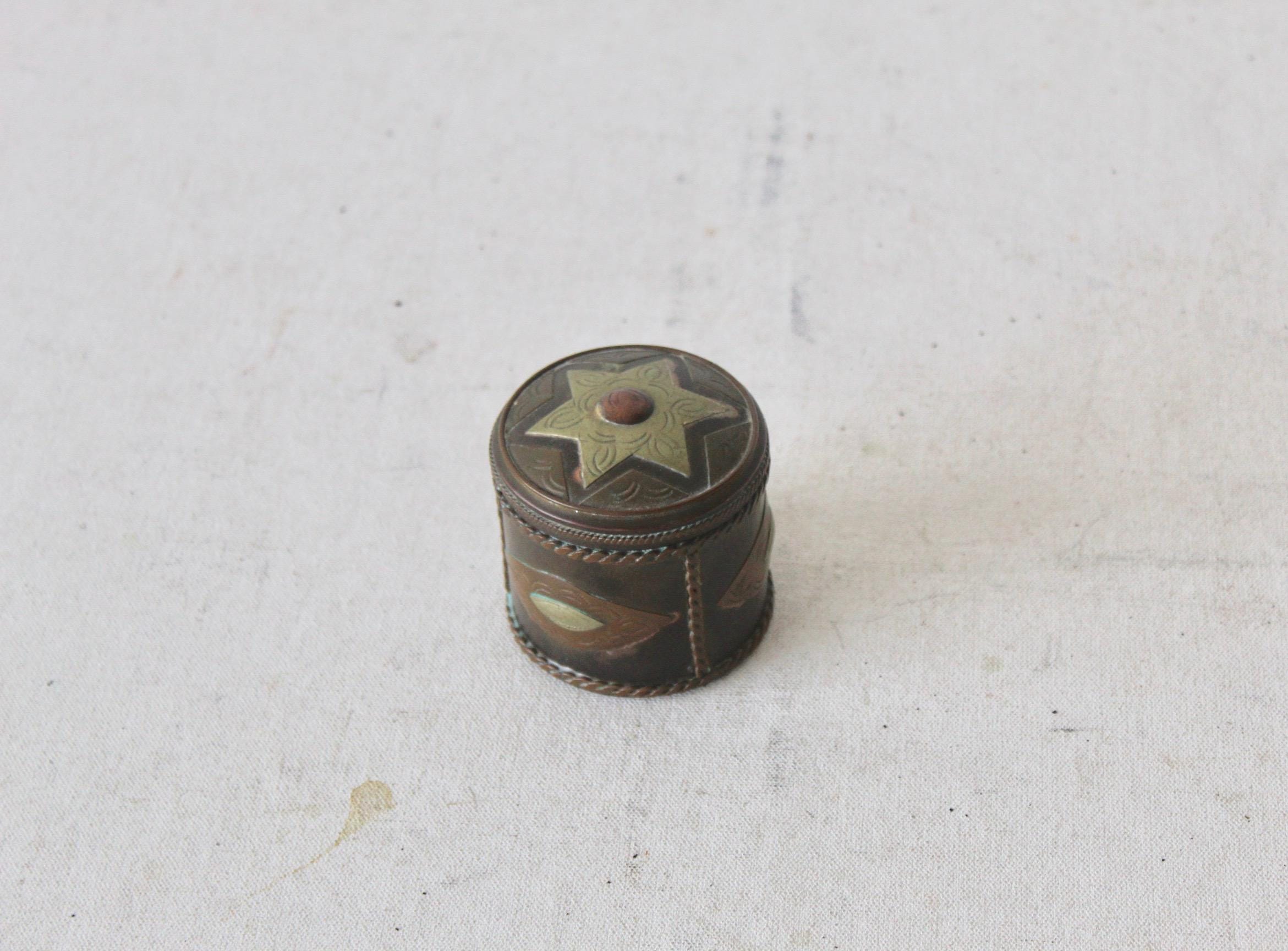 Vintage Spanish Style Cylindrical Brass Copper White Metal Lidded ...