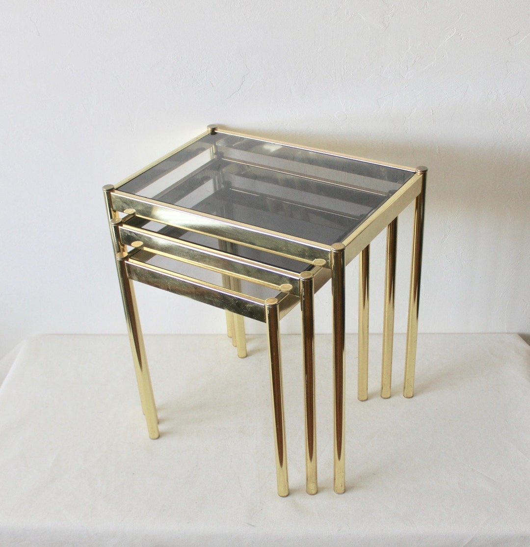 Italian Style Modern Brass Smoked Glass Stacking Nesting Tables Vintage ...