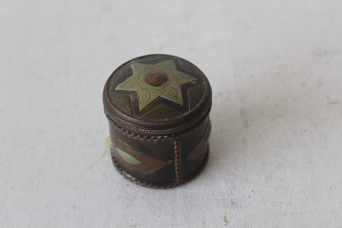 Vintage Spanish Style Cylindrical Brass Copper White Metal Lidded ...