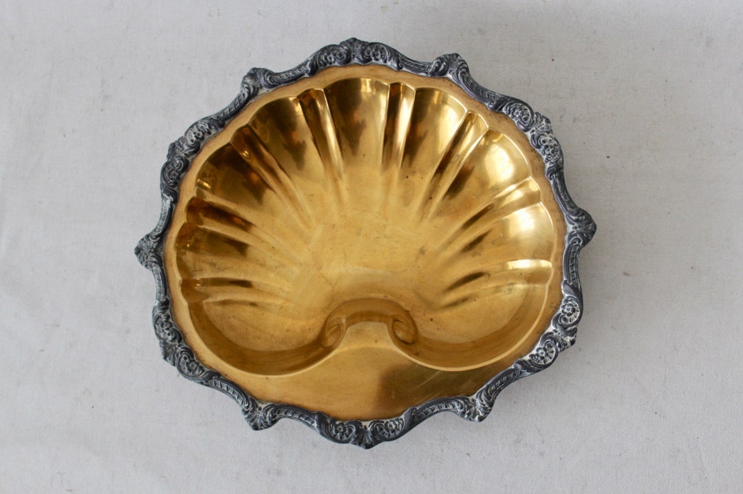 Vintage Mid Century Brass Pewter Shell Serving Bowl Cachepot Footed - Etsy