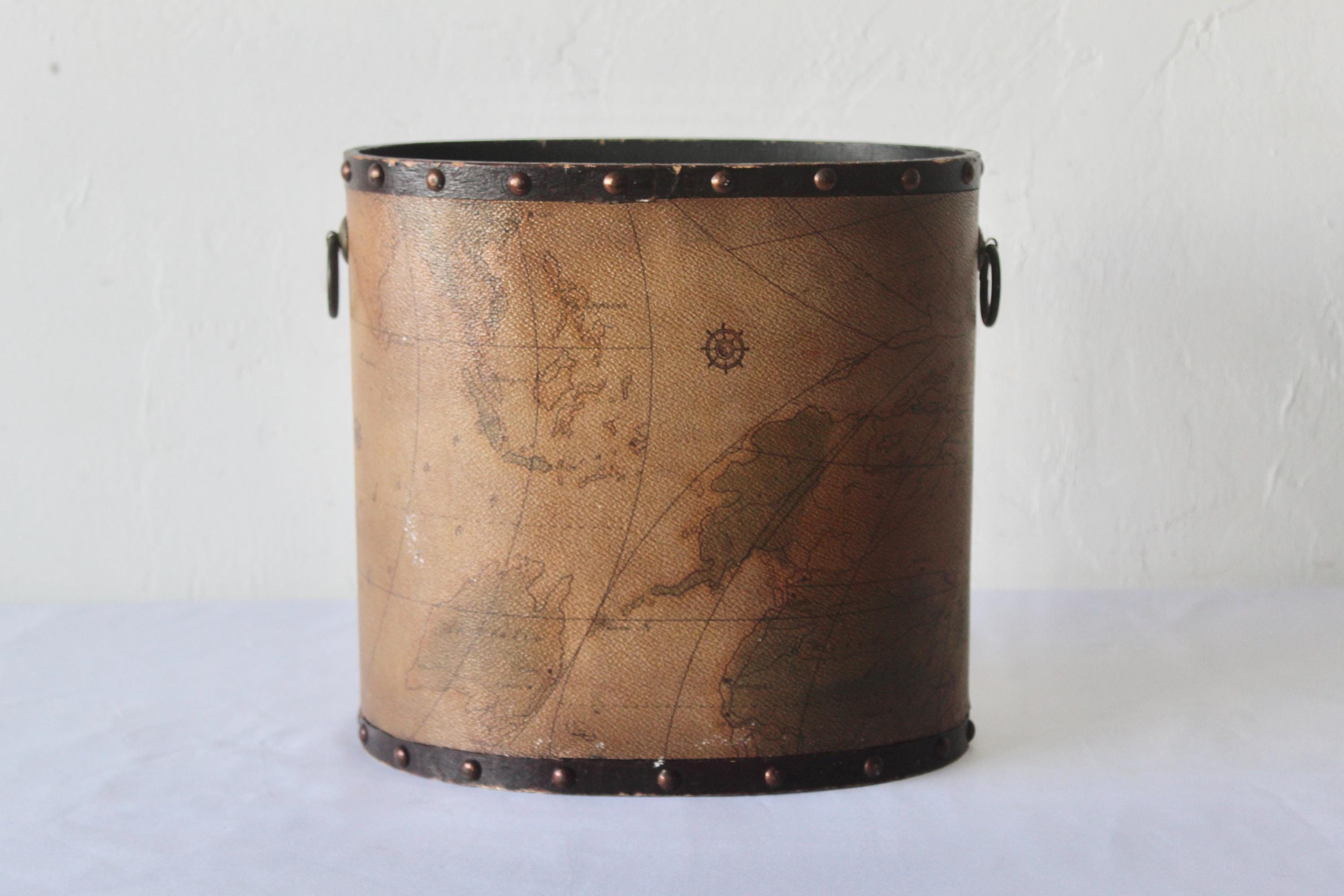 Vintage Faux Leather World Map Nailhead Oval Wastebasket Hoop Handles ...