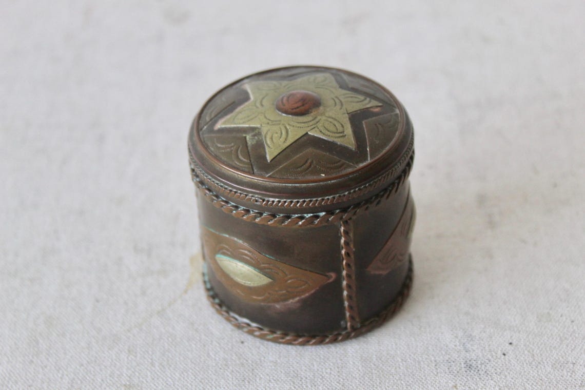 Vintage Spanish Style Cylindrical Brass Copper White Metal Lidded ...
