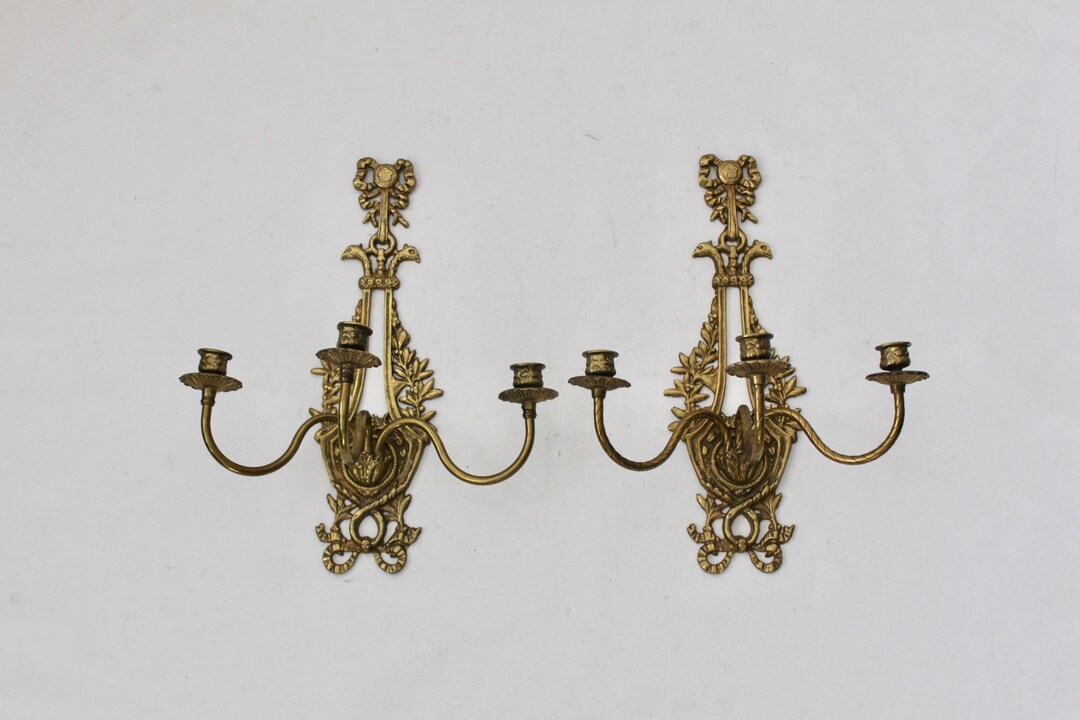 Vintage Russian Style Brass Ornate Three Candle Candelabra Wall Sconce ...
