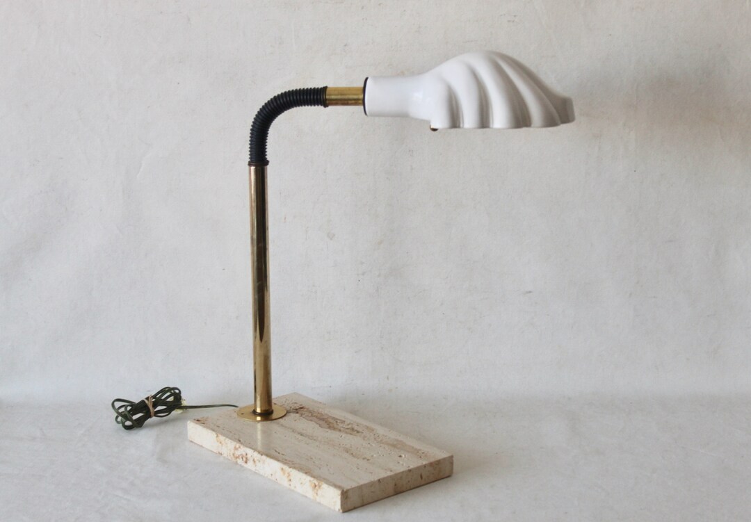 Italian Ceramic Clam Shell Shade Brass and Travertine Gooseneck Desk ...