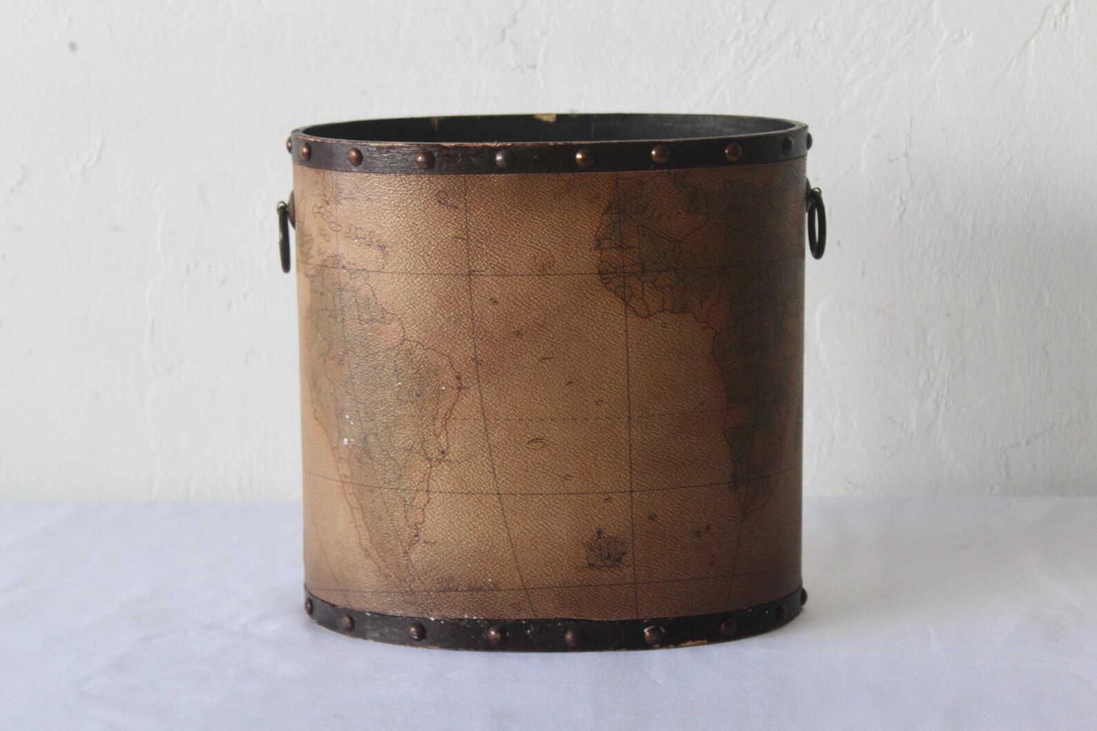 Vintage Faux Leather World Map Nailhead Oval Wastebasket Hoop Handles ...