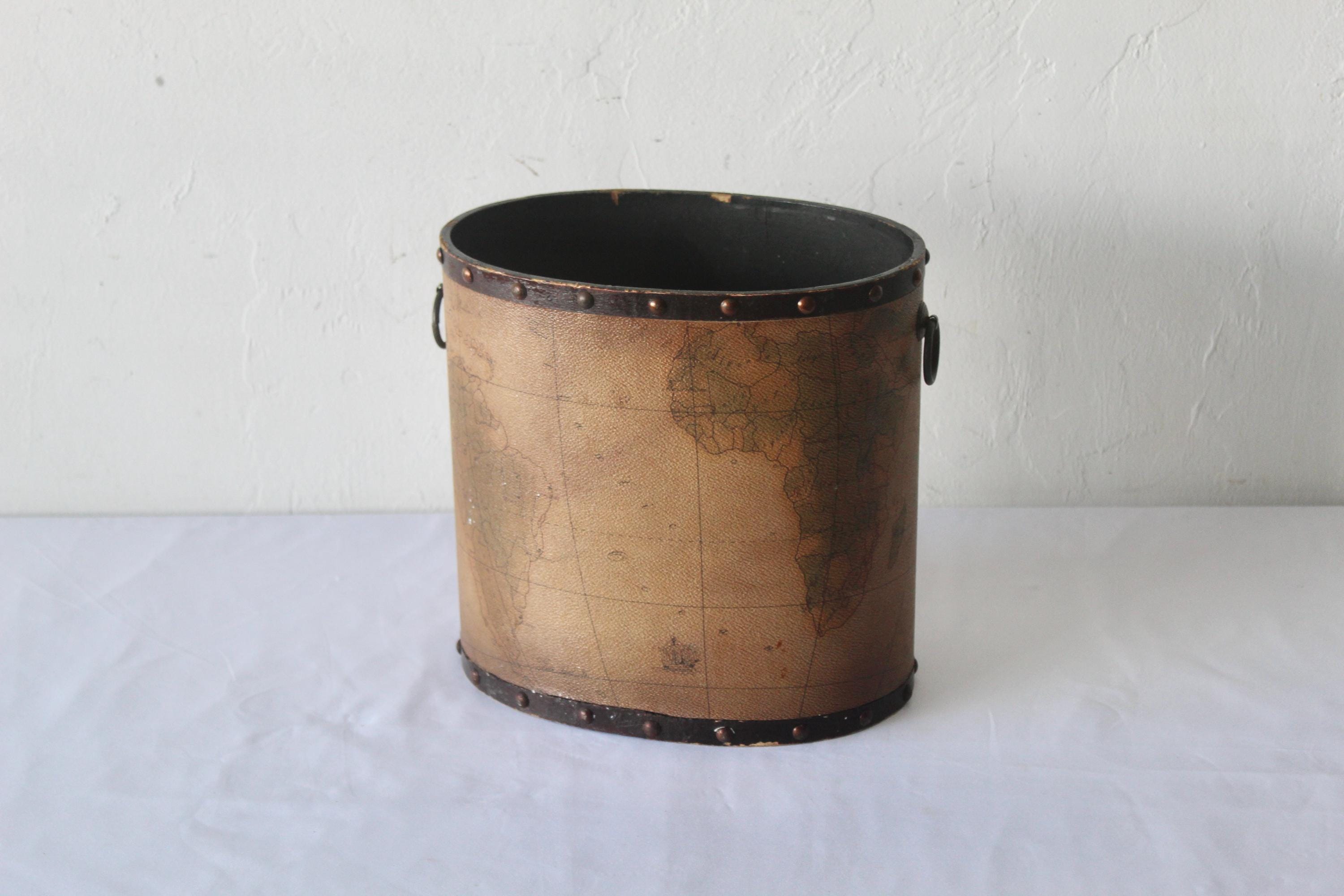 Vintage Faux Leather World Map Nailhead Oval Wastebasket Hoop Handles ...