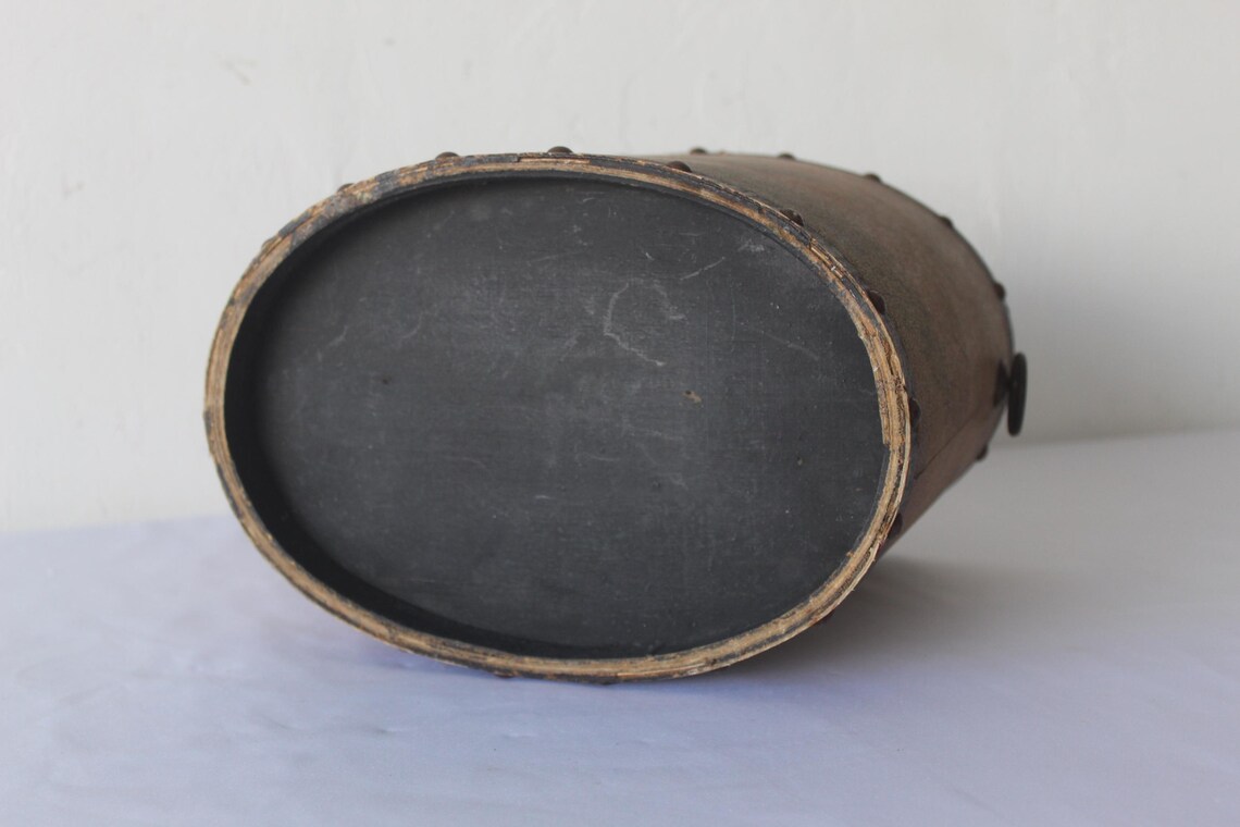 Vintage Faux Leather World Map Nailhead Oval Wastebasket Hoop Handles ...