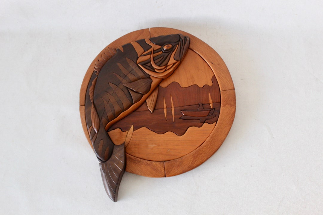 Vintage Intarsia Wood Fish and Lake Scene Wall Art - Etsy