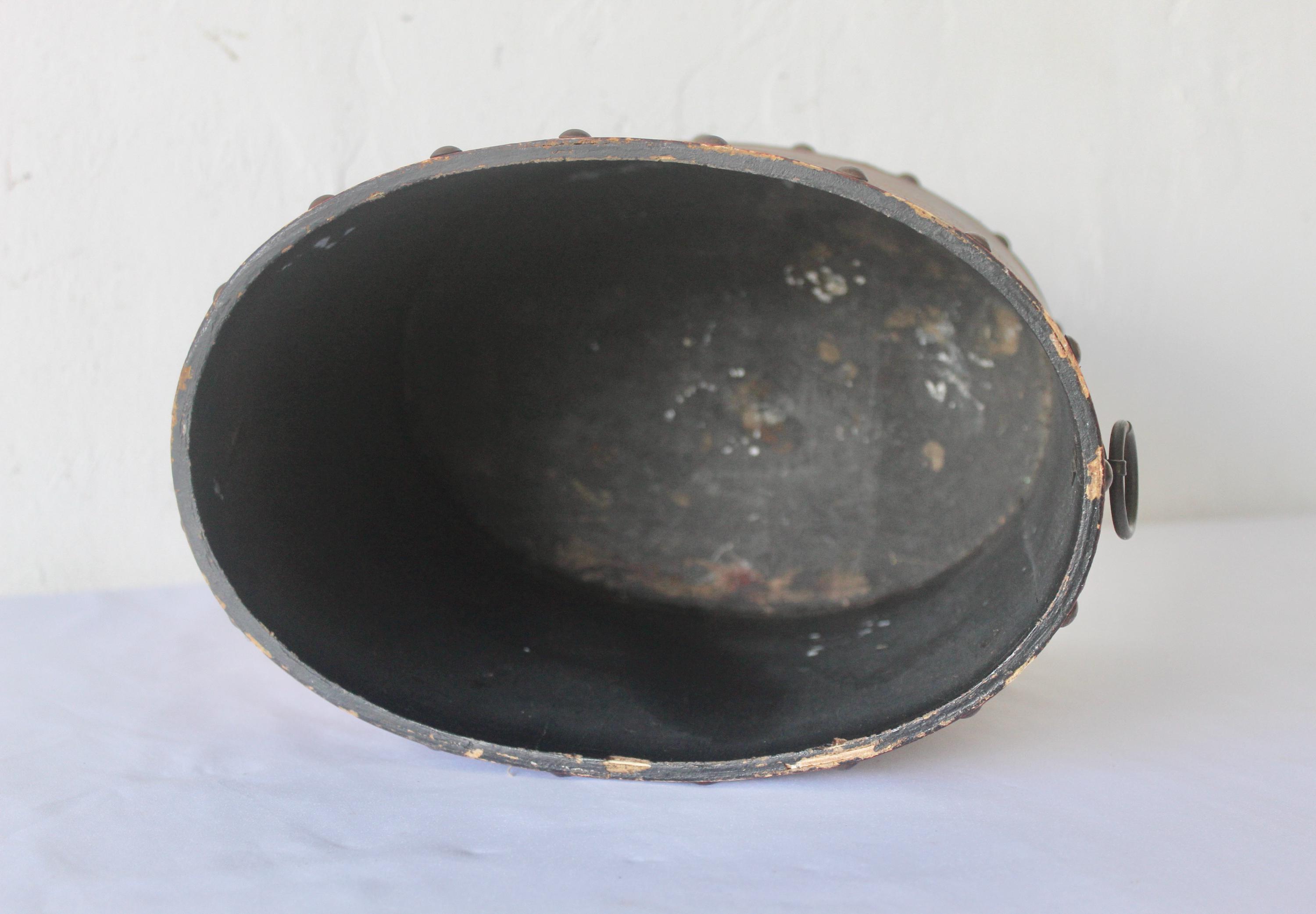 Vintage Faux Leather World Map Nailhead Oval Wastebasket Hoop Handles ...
