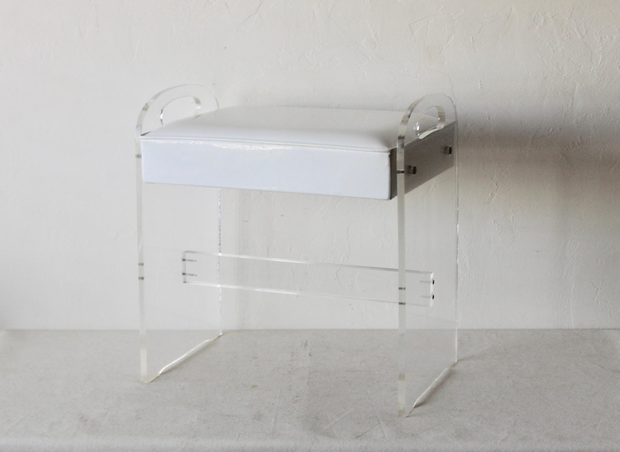 Hill Manufacturing Corp NY Mid century Modern Sculptural Lucite Stool Footstool Vanity Stool Padded White Vinyl Seat Etsy
