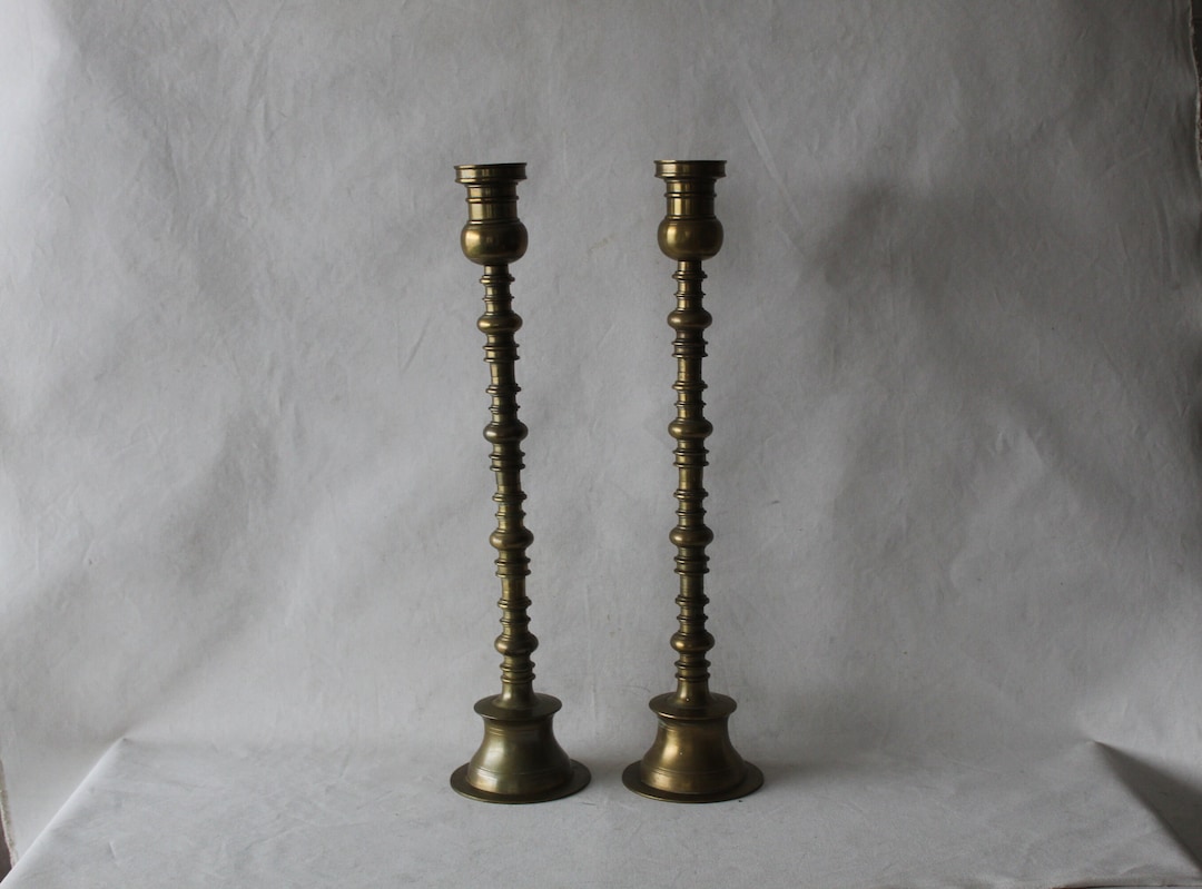 Large Brass Altar Floor Candle Holders Patina Vintage Mid Century- a ...