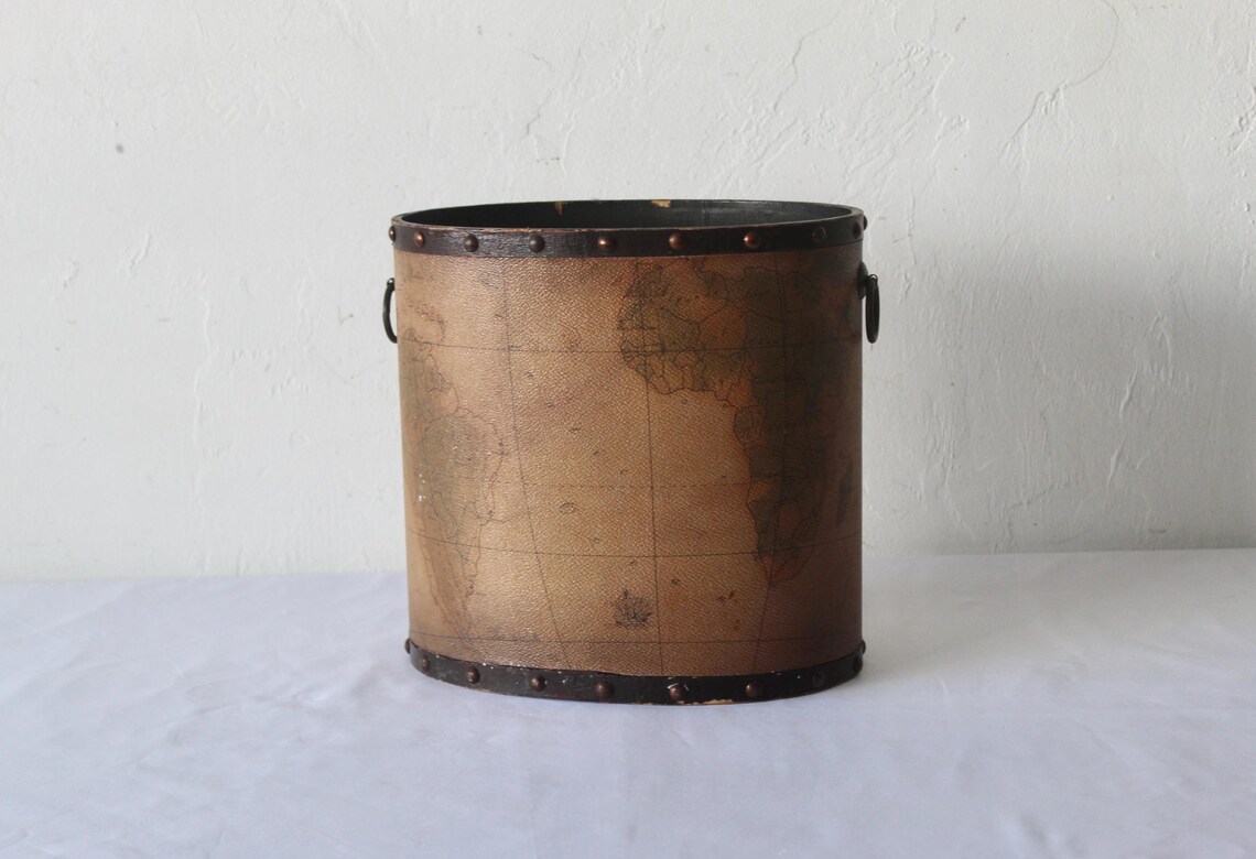 Vintage Faux Leather World Map Nailhead Oval Wastebasket Hoop Handles ...