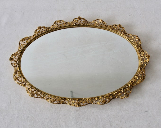 Large Gold Finish Vintage French Filigree Oval Vanity Tray With Mirror ...