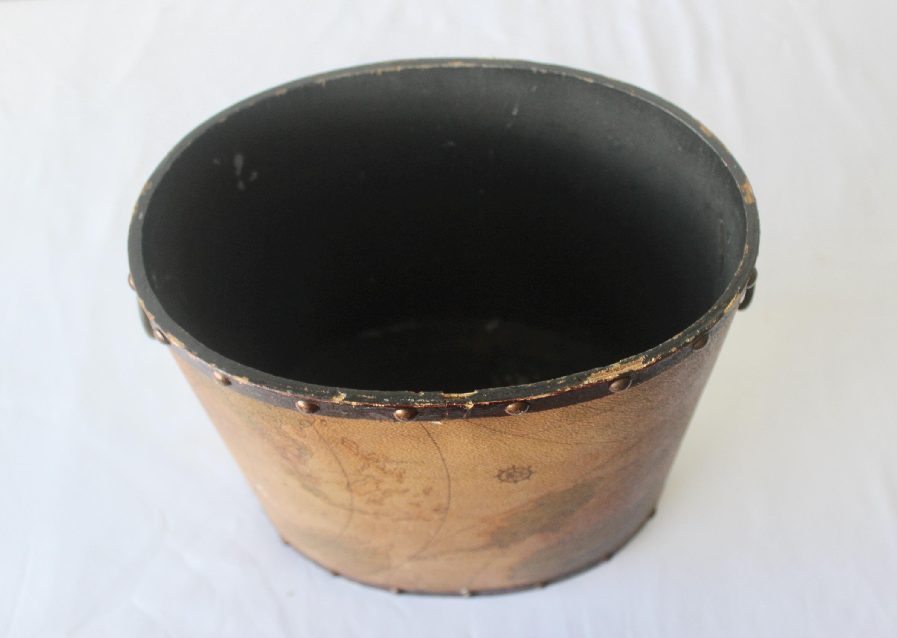 Vintage Faux Leather World Map Nailhead Oval Wastebasket Hoop Handles ...