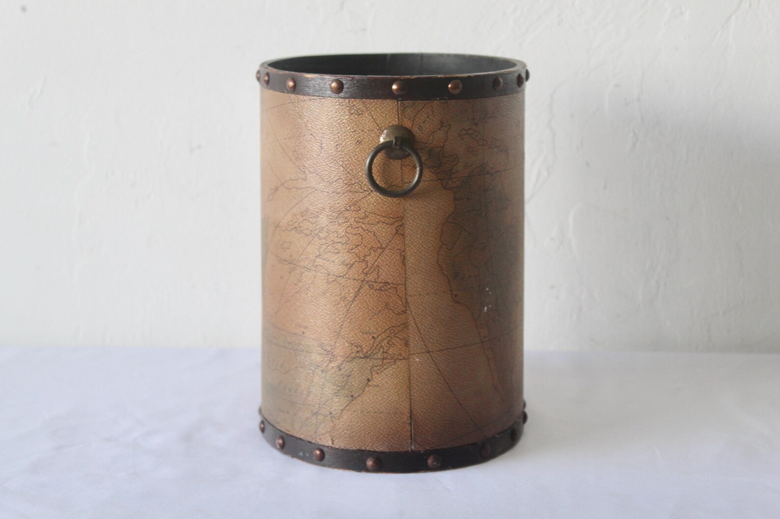 Vintage Faux Leather World Map Nailhead Oval Wastebasket Hoop Handles ...