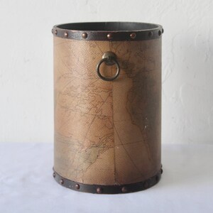 Vintage Faux Leather World Map Nailhead Oval Wastebasket Hoop Handles ...