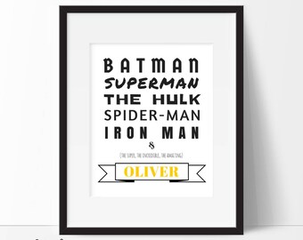 Personalized Superhero Print, Marvel DC Comics Name Wall Art, Boy ...