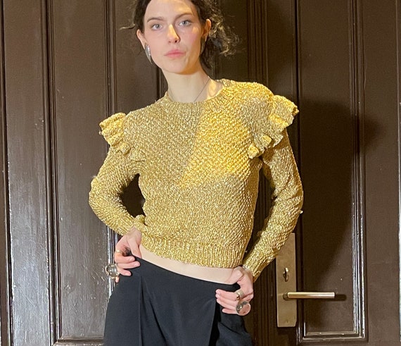 1970s 1980s gold metallic ruffle knit sweater - Gem
