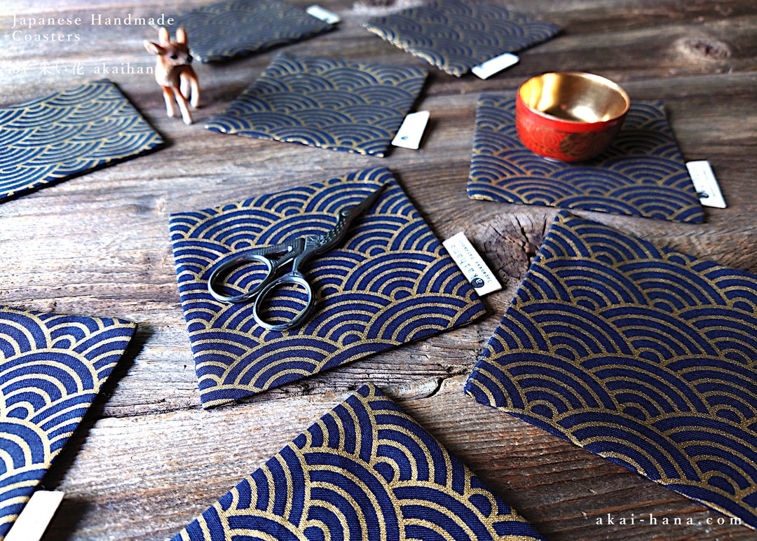 Japanese Handmade Coasters, Seigaiha Gold X Dark Blue - Etsy