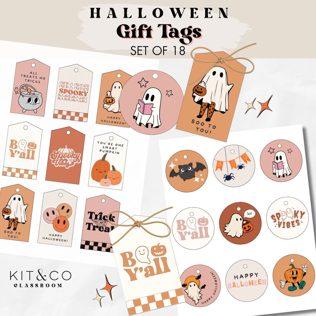Cute Retro Halloween Gift Tags - Vintage Style Pumpkin, Ghost, and Bat ...