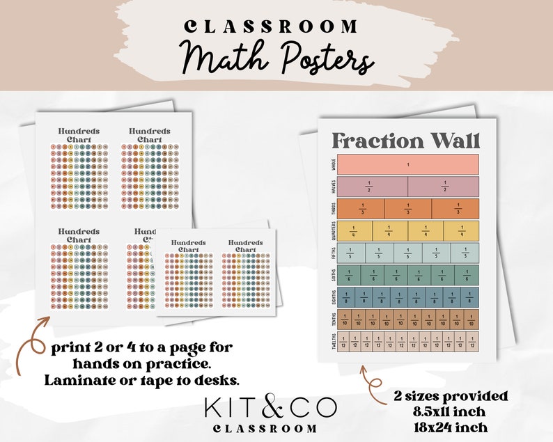Neutral Boho Math Posters: Hundreds Chart & Fraction Wall (digital ...