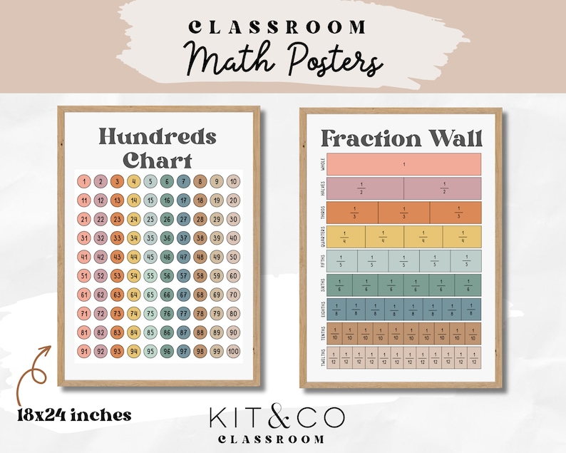 Neutral Boho Math Posters: Hundreds Chart & Fraction Wall (digital ...