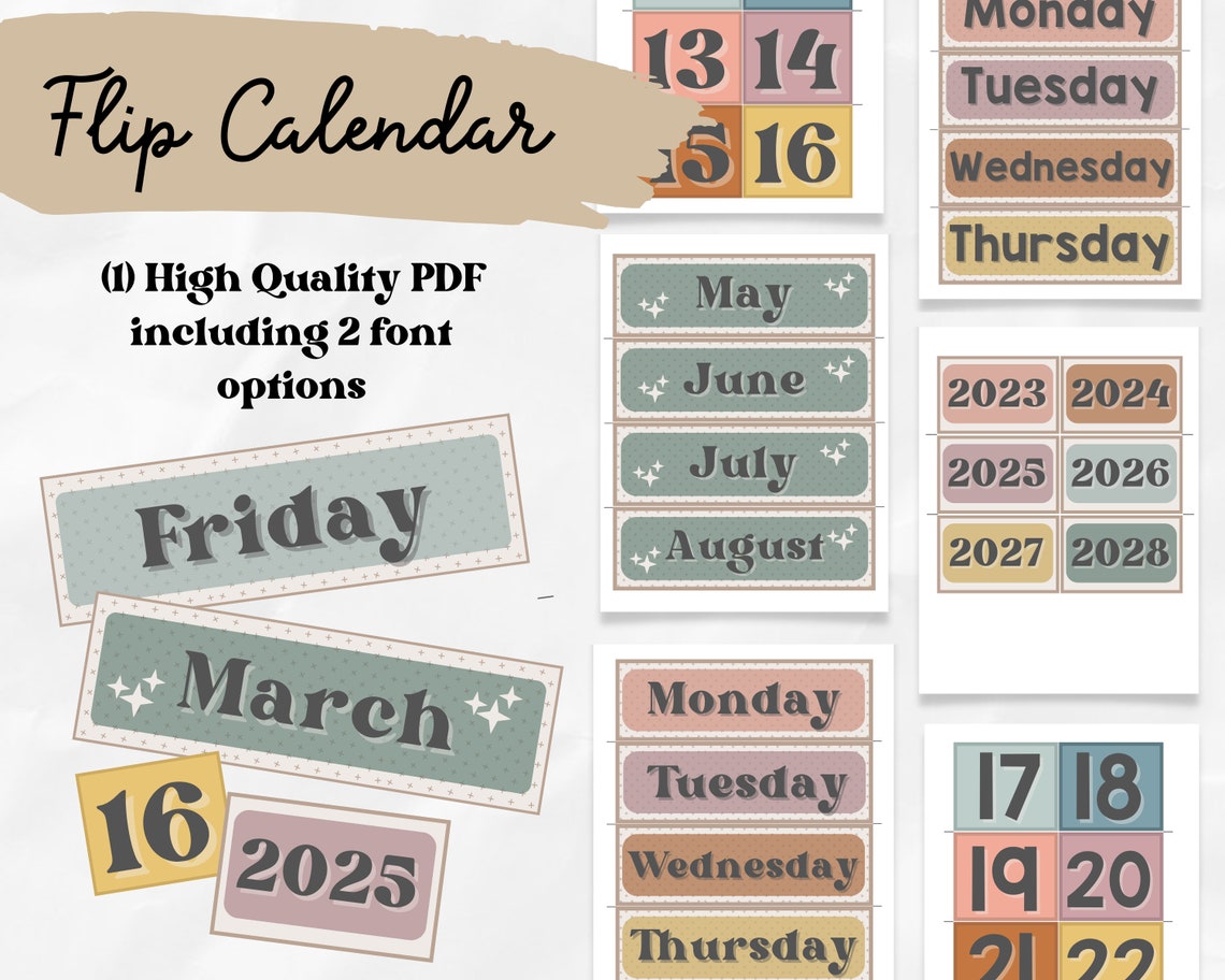 Neutral Boho Classroom Flip Calendar: Printable Bulletin Board (PDF) - Etsy