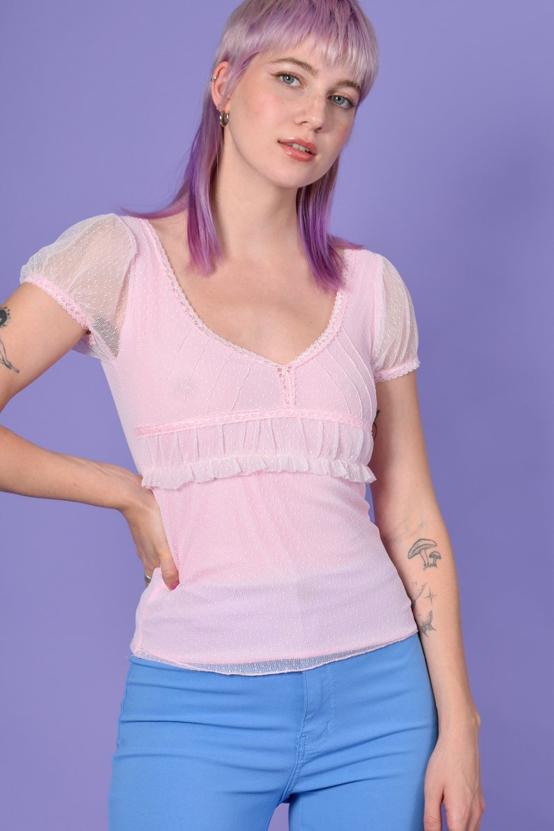 Y2K DEADSTOCK Delicate Girly Lace Ruffle Cap Sleeve Tops - Pink, White ...