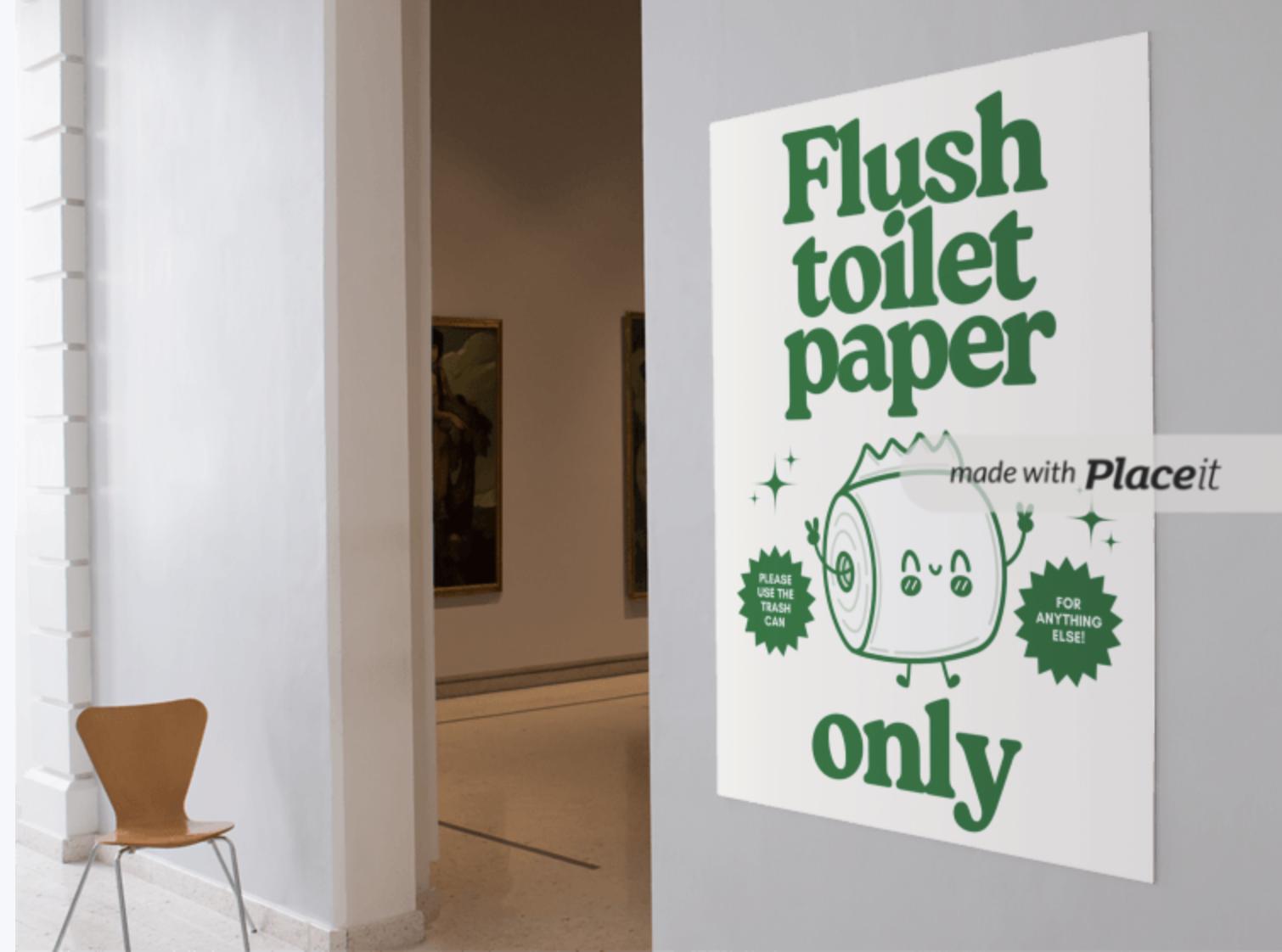 Flush Toilet Paper Only Poster – Cute Bathroom Sign With Fun Cartoon ...