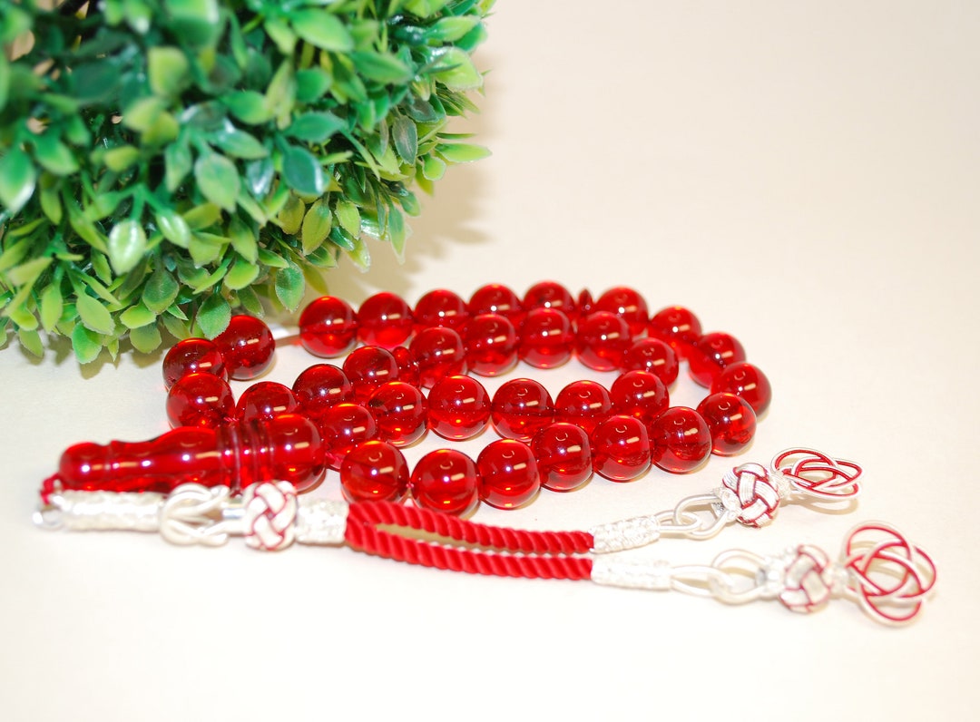 Ruby Caribbean Amber Prayer Beads: 33 Round Balls, 10 Mm Silver Tassel ...