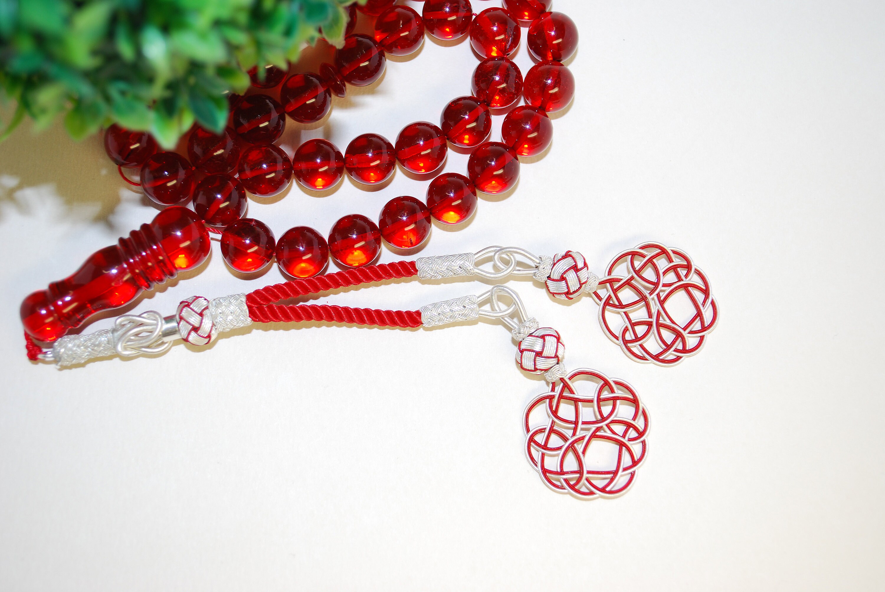 Ruby Caribbean Amber Prayer Beads: 33 Round Balls, 10 Mm Silver Tassel ...
