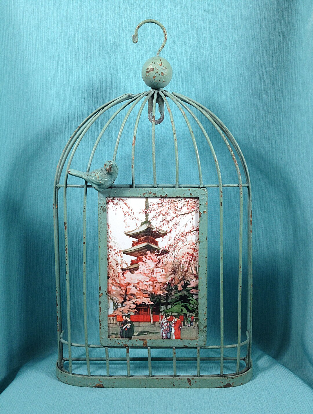 Japanese Print in Green Bird Cage Frame Red Shrine With - Etsy