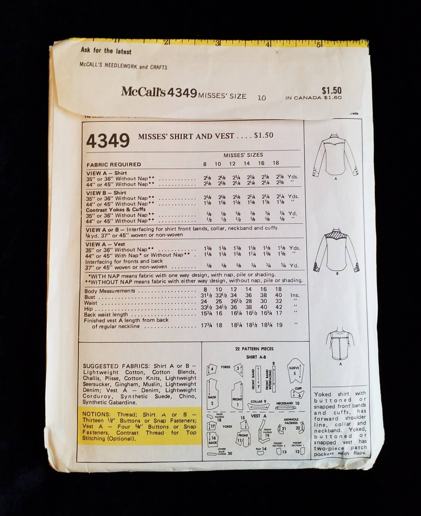 Vintage 1974 Mccall's 4349. Western Yolk Style Pearl Snap - Etsy