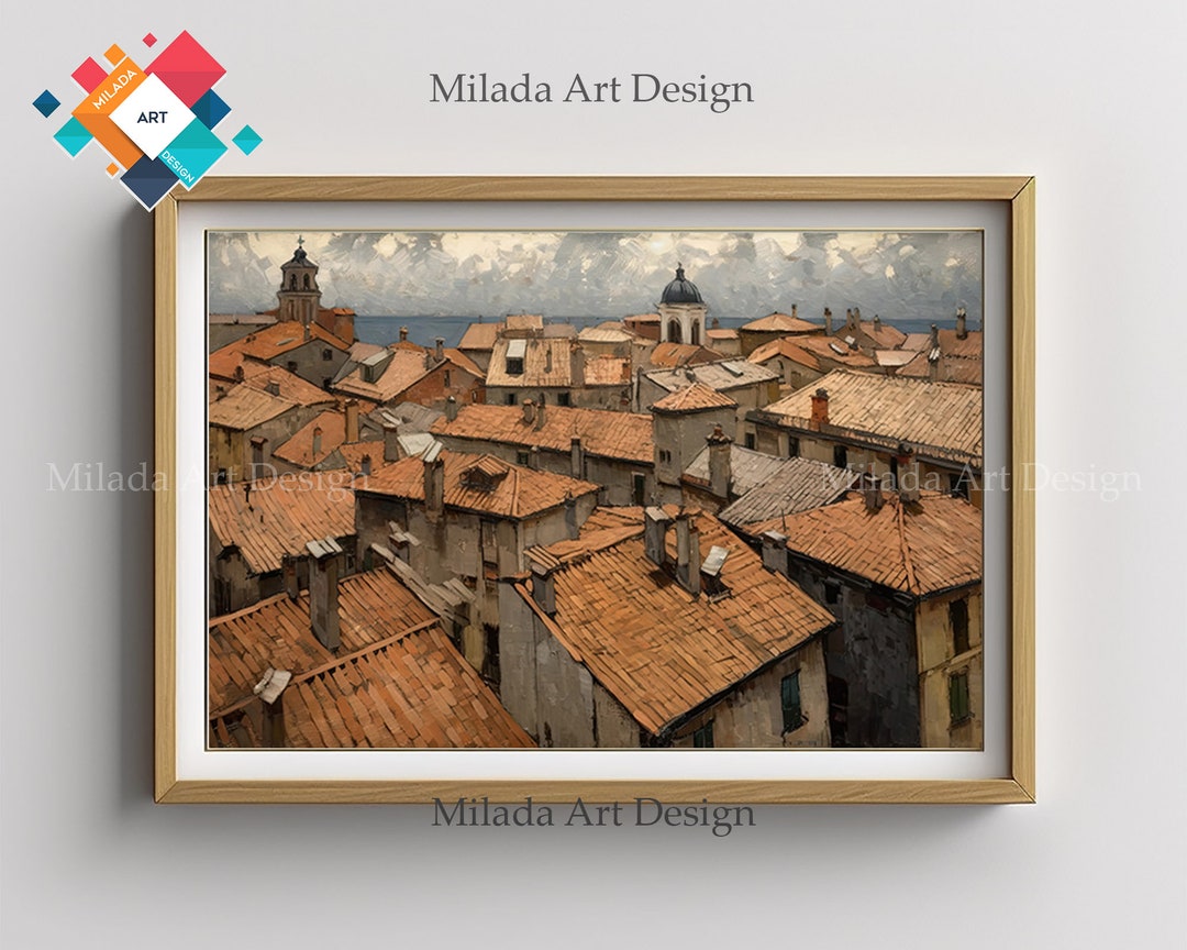 Rooftops of Italian Old City, Rustic Vintage Old Town Oil Painting ...