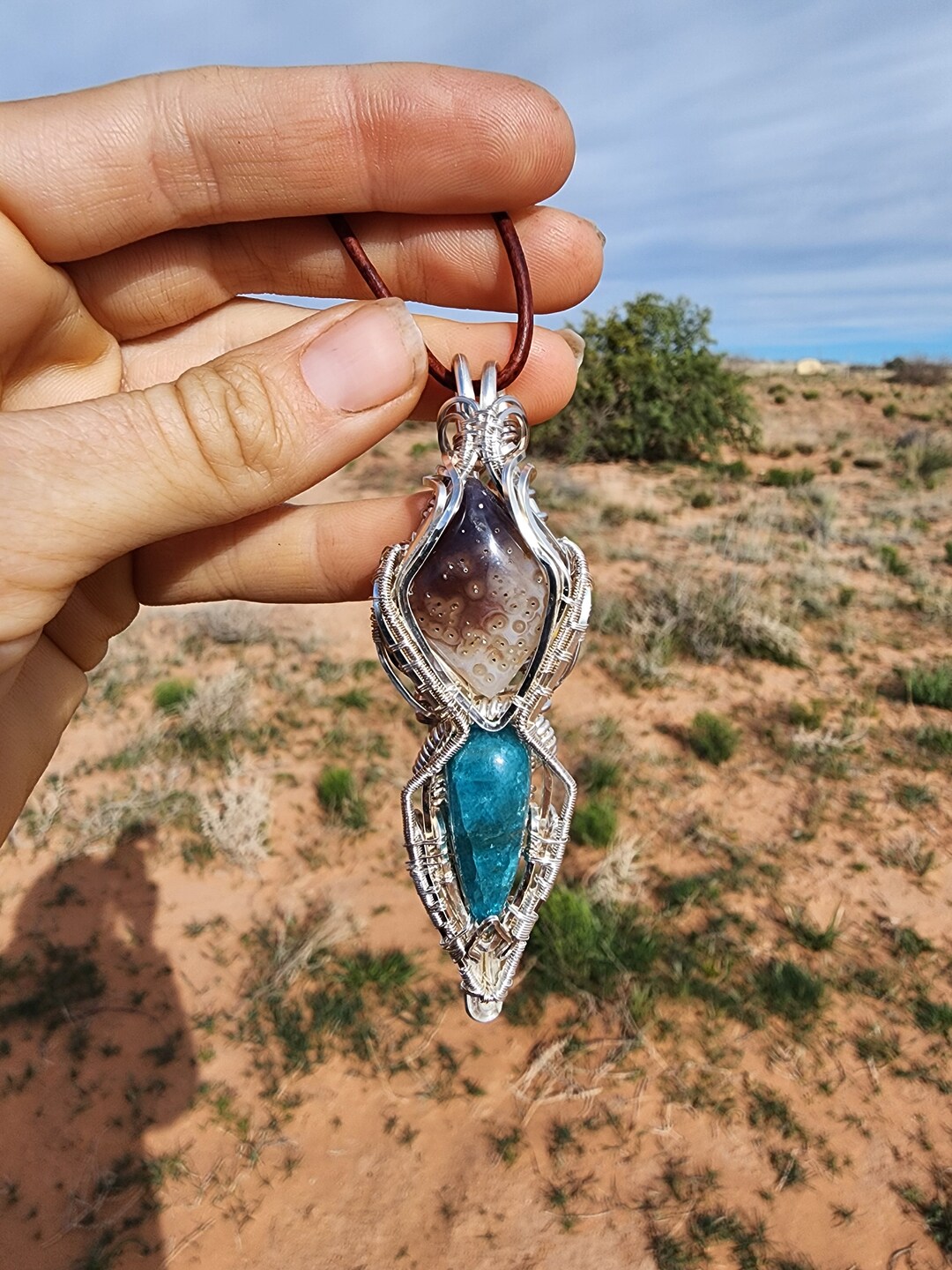 Wire Wrapped Solar Punk Inspired Silver Pendant With Petrified Palm ...