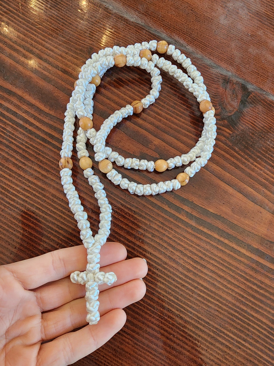 150 Knot White Prayer Rope With Olive Wood Beads Saint Seraphim of ...
