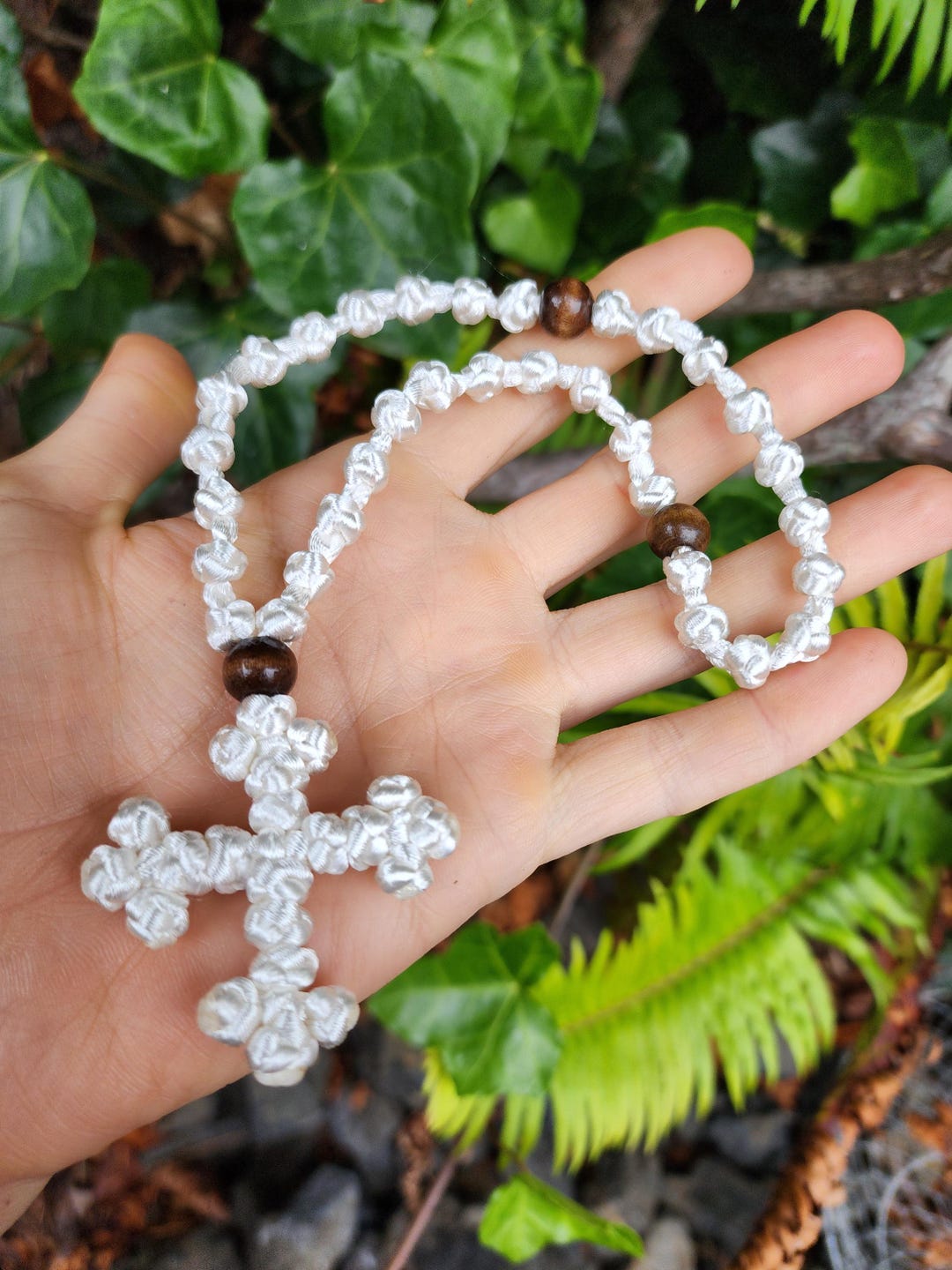 White 33 Knot Eastern Orthodox Prayer Rope Byzantine Style Cross and 3 ...