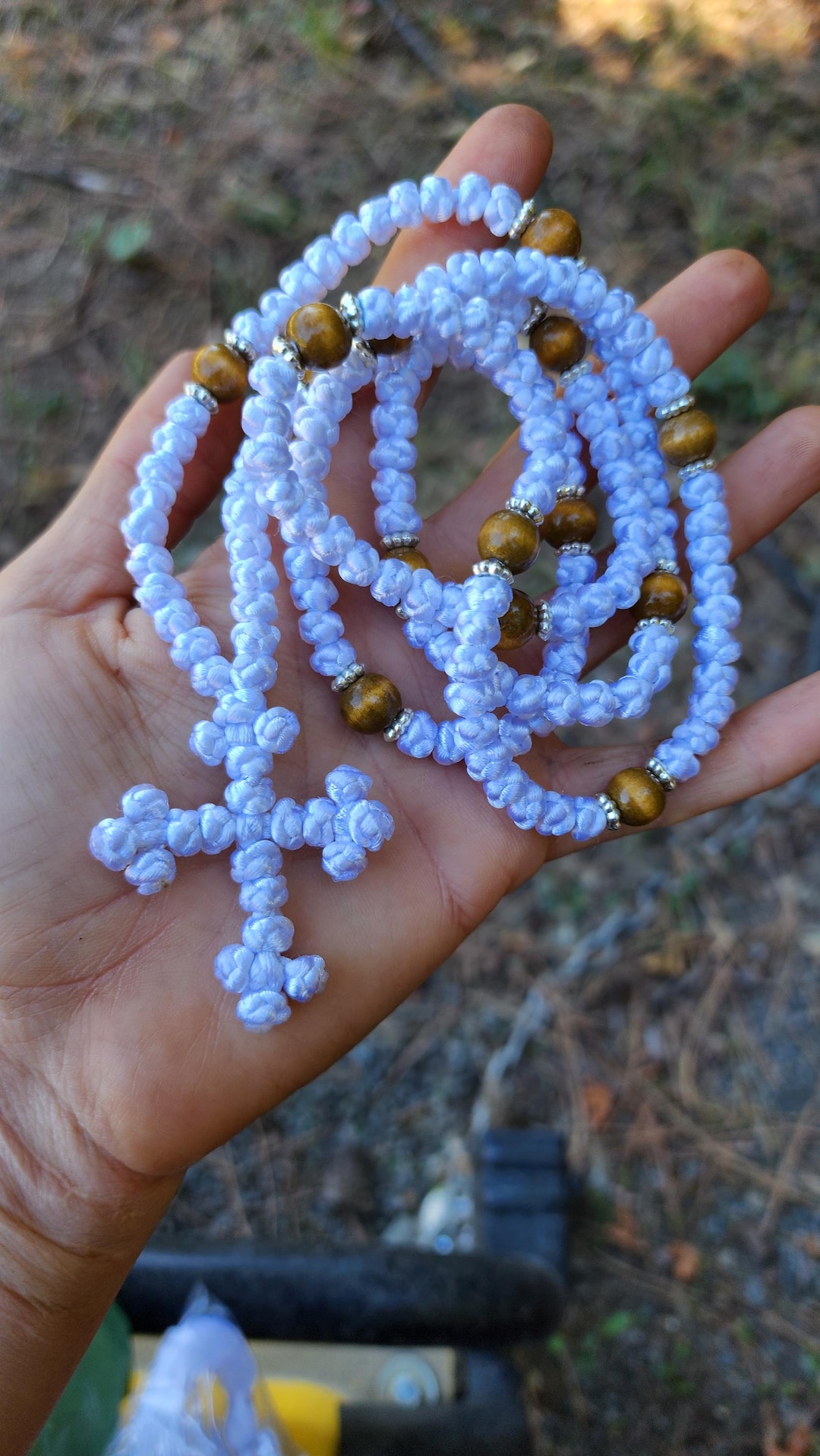 150 Knot Eastern Orthodox Prayer Rope White Satin Cord and Olive Wood ...