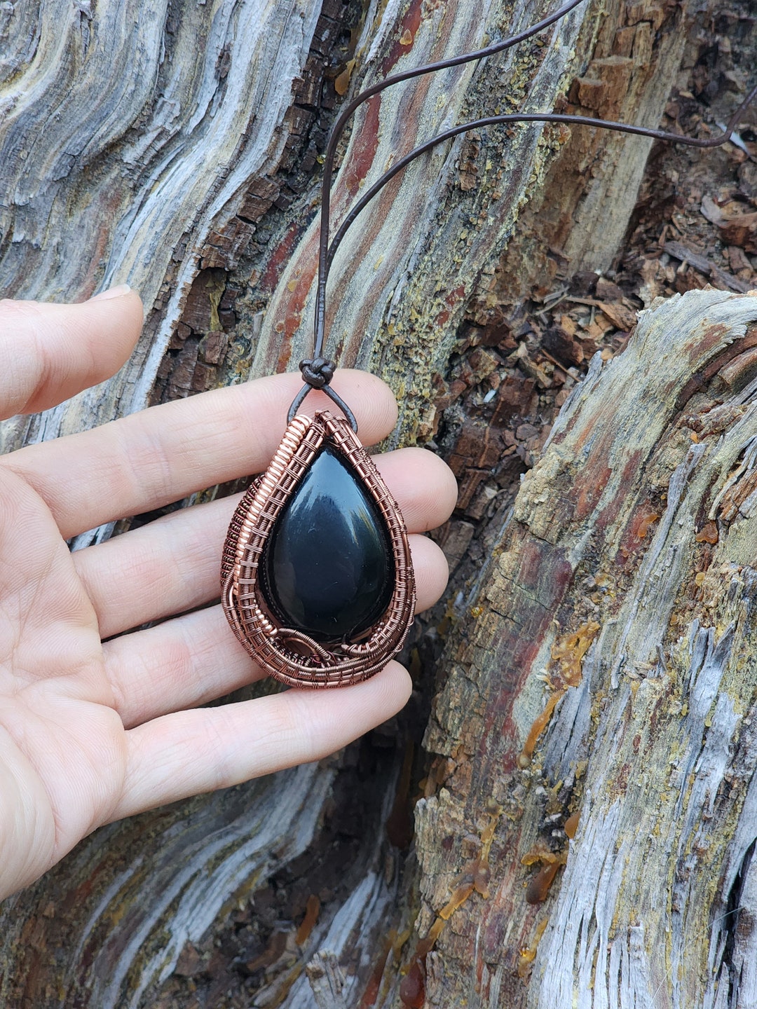 Obsidian and Copper Wrap Pendent Necklace - Etsy