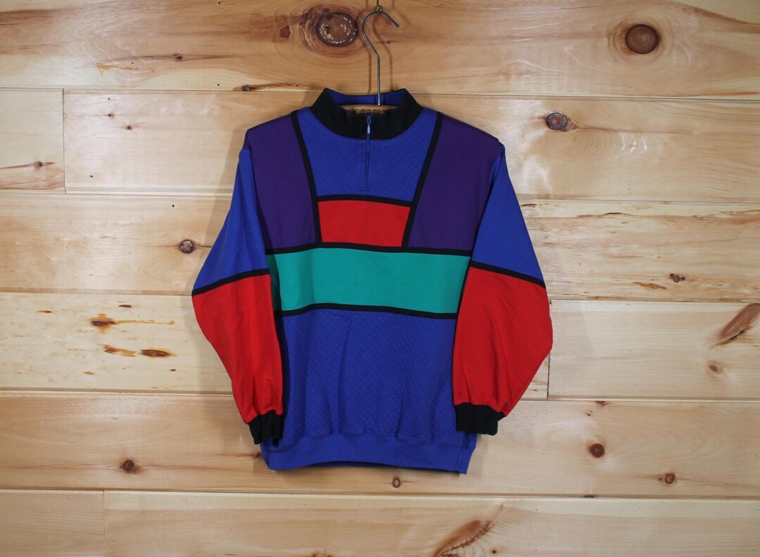 Vintage Colour Block Retro Quarter Zip Pullover Sweatshirt Adult Size ...