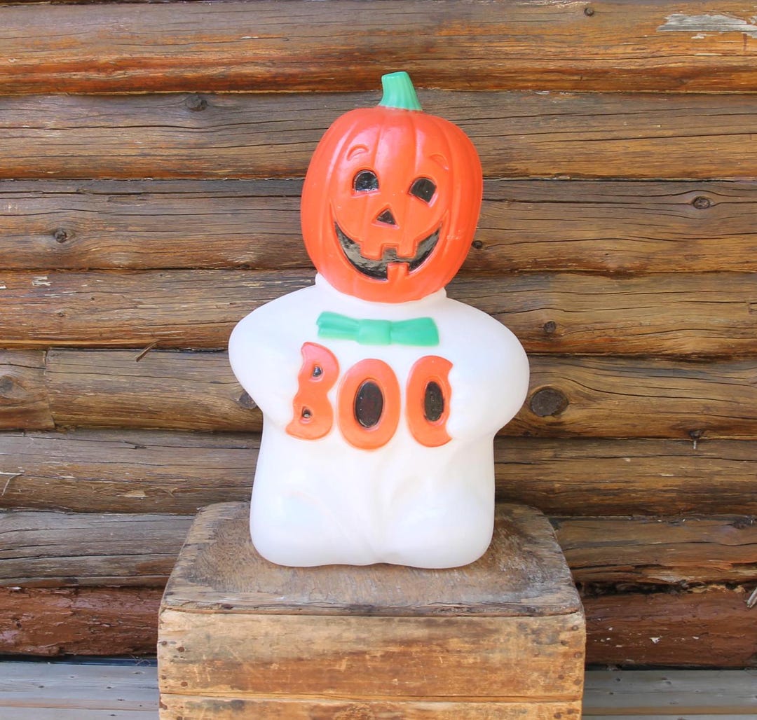 Vintage Halloween BOO Plastic Blow Mold Ghost Pumpkin Jack-o-lantern ...