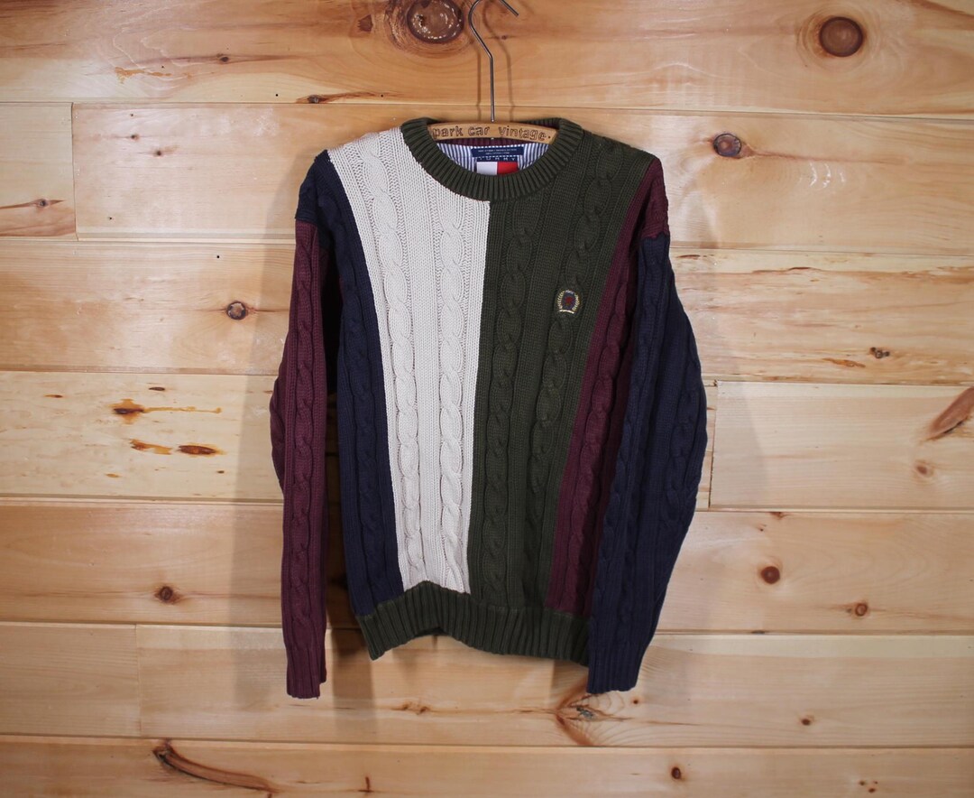 Vintage Tommy Hilfiger Heavy Cable Knit Pullover Multi Colour Sweater ...