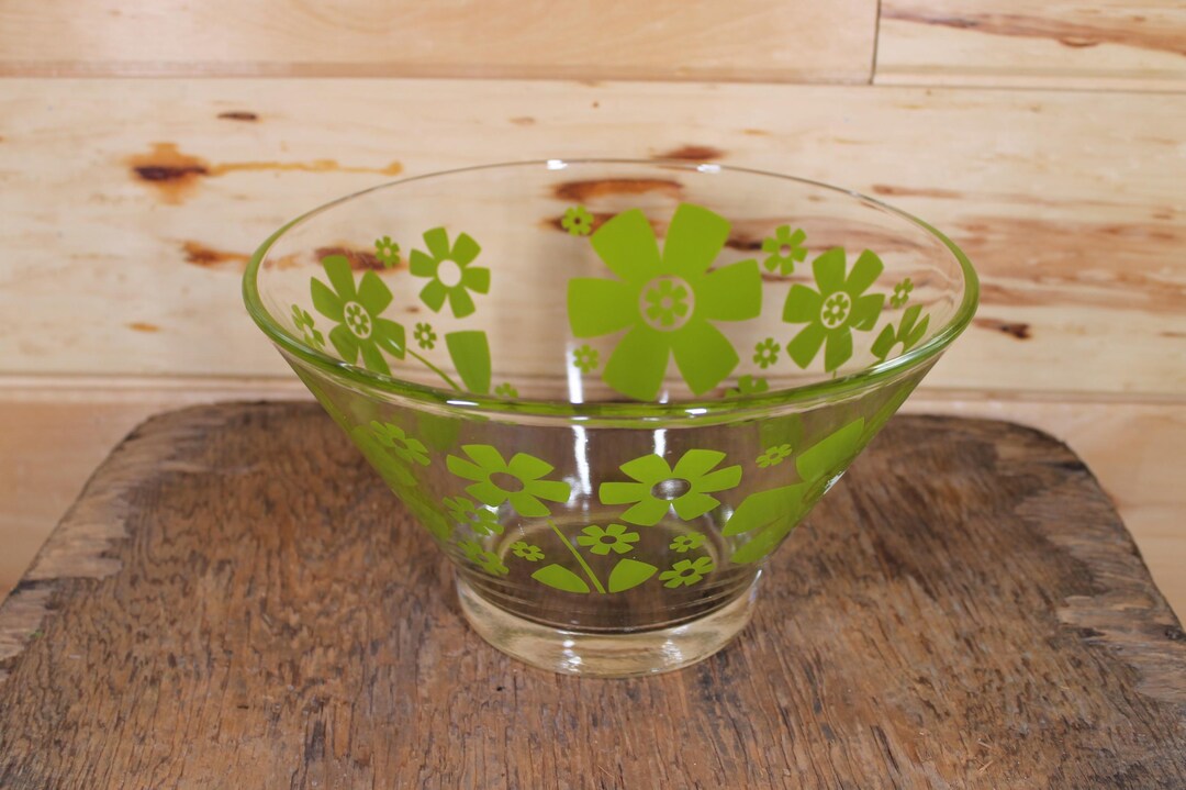 Vintage Anchor Hocking Green Flowers Pattern Large Glass Bowl Retro ...