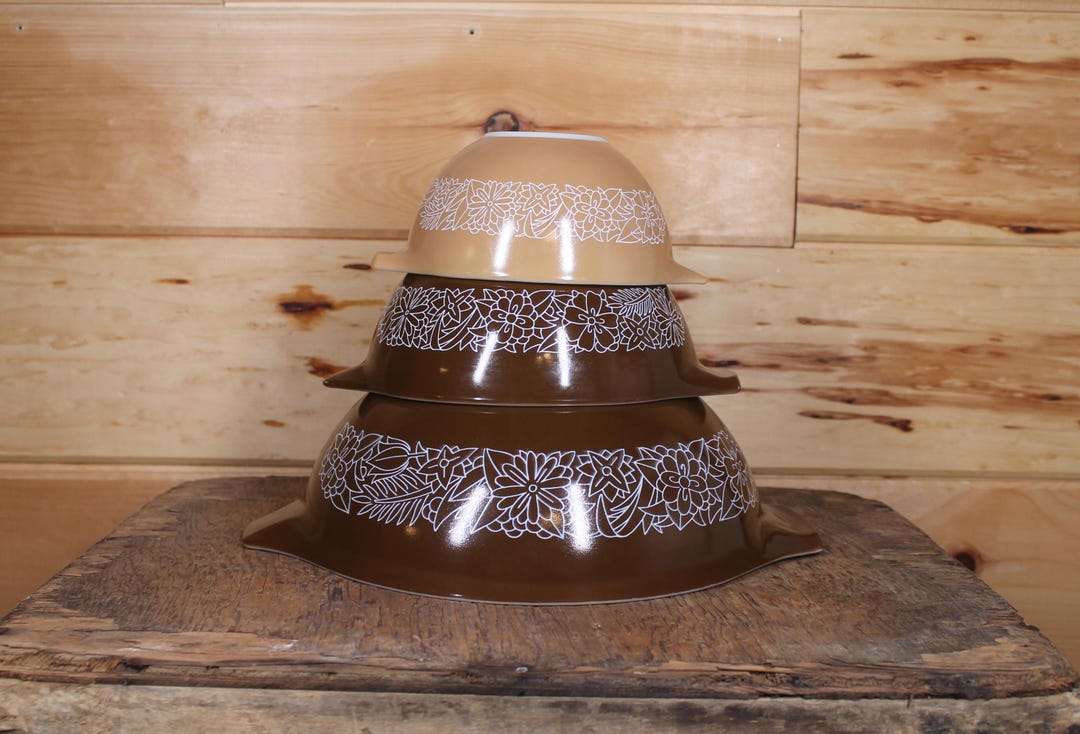 Vintage Pyrex Set Woodland Brown Pattern Cinderella Milk Glass Bowls ...
