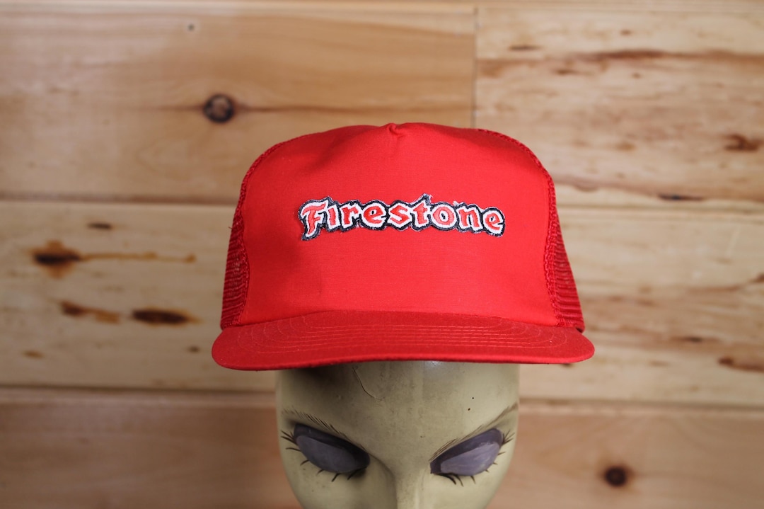 Vintage Firestone Red Racing Trucker Snapback Hat Adjustable Adult Size ...